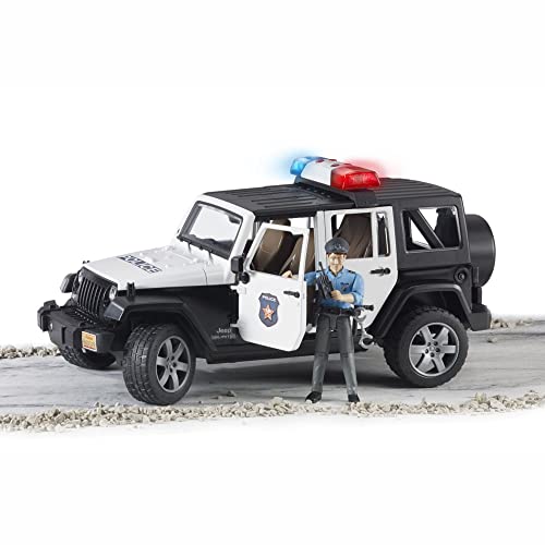 Bruder Toys - Emergency Realistic Jeep Wrangler Unlimited Rubicon Police Vehicle with Light Skintoned Policeman and Light and Sound Module with 4 Different Sounds - Ages 4+