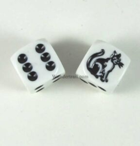 wondertrail cat dice d6 white opaque with black pips 16mm (5/8in) set of 4 dice packaged in tubes or blister wkp00472e4