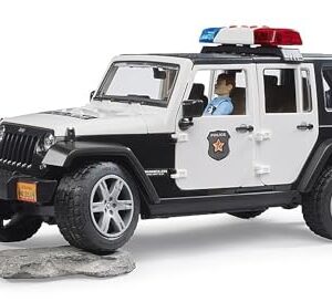 Bruder Toys - Emergency Realistic Jeep Wrangler Unlimited Rubicon Police Vehicle with Light Skintoned Policeman and Light and Sound Module with 4 Different Sounds - Ages 4+