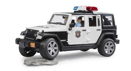 Bruder Toys - Emergency Realistic Jeep Wrangler Unlimited Rubicon Police Vehicle with Light Skintoned Policeman and Light and Sound Module with 4 Different Sounds - Ages 4+