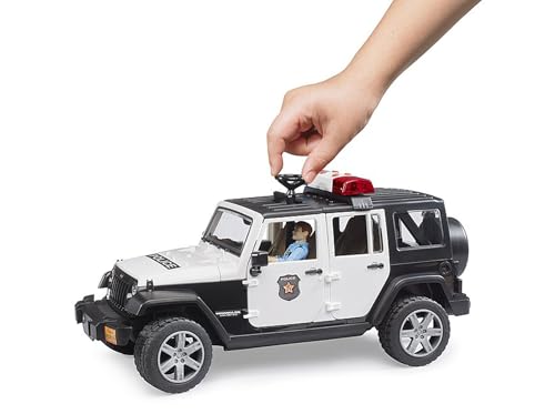 Bruder Toys - Emergency Realistic Jeep Wrangler Unlimited Rubicon Police Vehicle with Light Skintoned Policeman and Light and Sound Module with 4 Different Sounds - Ages 4+