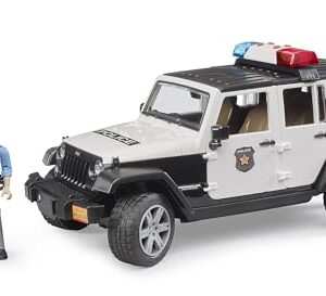 Bruder Toys - Emergency Realistic Jeep Wrangler Unlimited Rubicon Police Vehicle with Light Skintoned Policeman and Light and Sound Module with 4 Different Sounds - Ages 4+