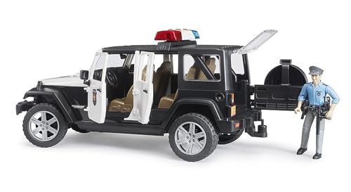 Bruder Toys - Emergency Realistic Jeep Wrangler Unlimited Rubicon Police Vehicle with Light Skintoned Policeman and Light and Sound Module with 4 Different Sounds - Ages 4+