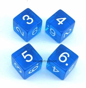 wkp02482e4 blue transparent dice with white numbers d6 16mm (5/8in) pack of 4 dice koplow games