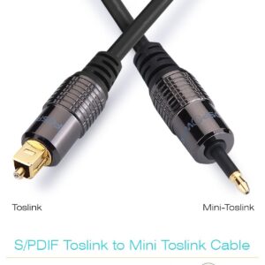 FosPower 24K Gold Plated Toslink to Mini Toslink Digital Optical S/PDIF Audio Cable with Metal Connectors & Strain-Relief PVC Jacket - 10ft