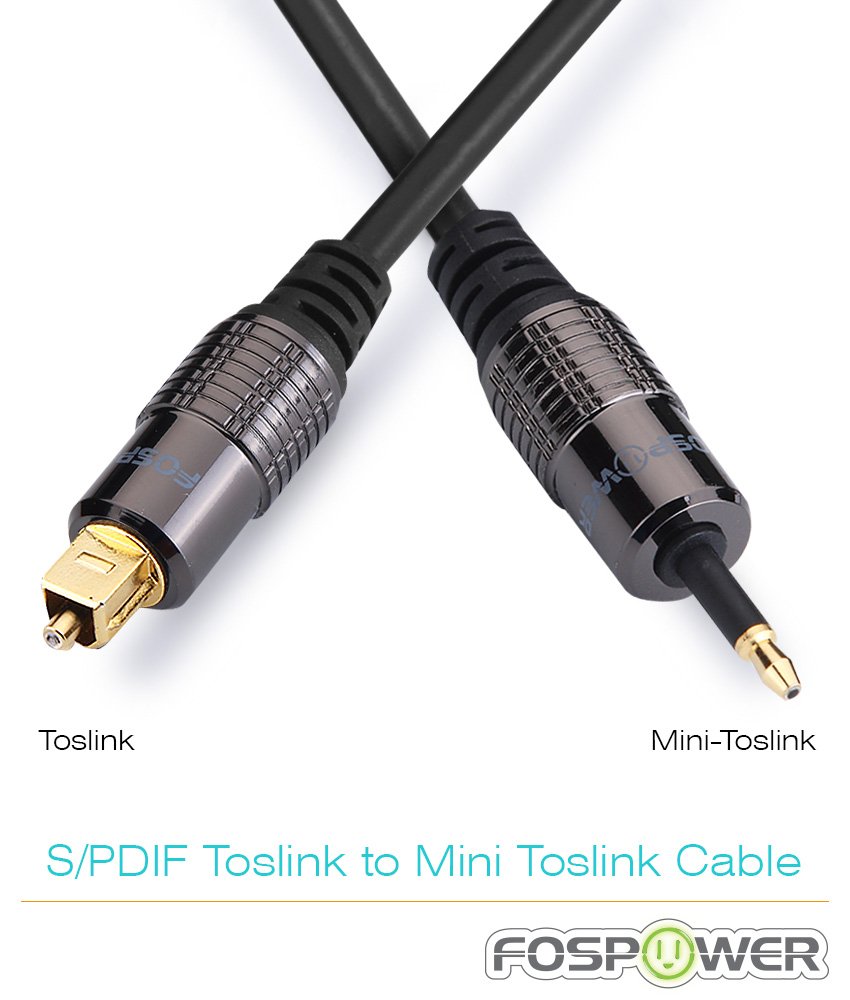 FosPower 24K Gold Plated Toslink to Mini Toslink Digital Optical S/PDIF Audio Cable with Metal Connectors & Strain-Relief PVC Jacket - 10ft