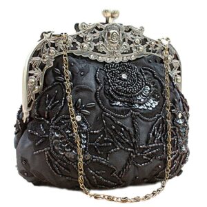 Belsen Women's Vintage Beaded Sequin Flower Evening Handbags (Black)