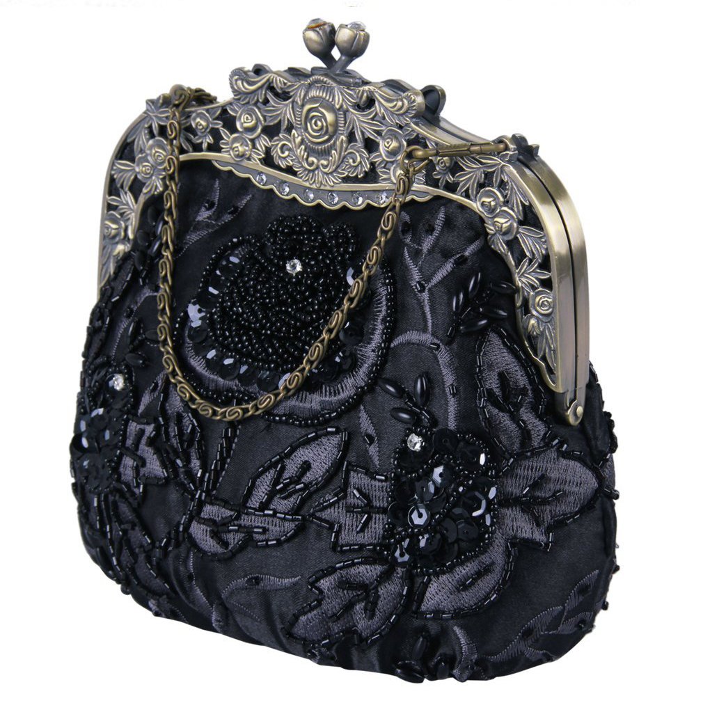 Belsen Women's Vintage Beaded Sequin Flower Evening Handbags (Black)