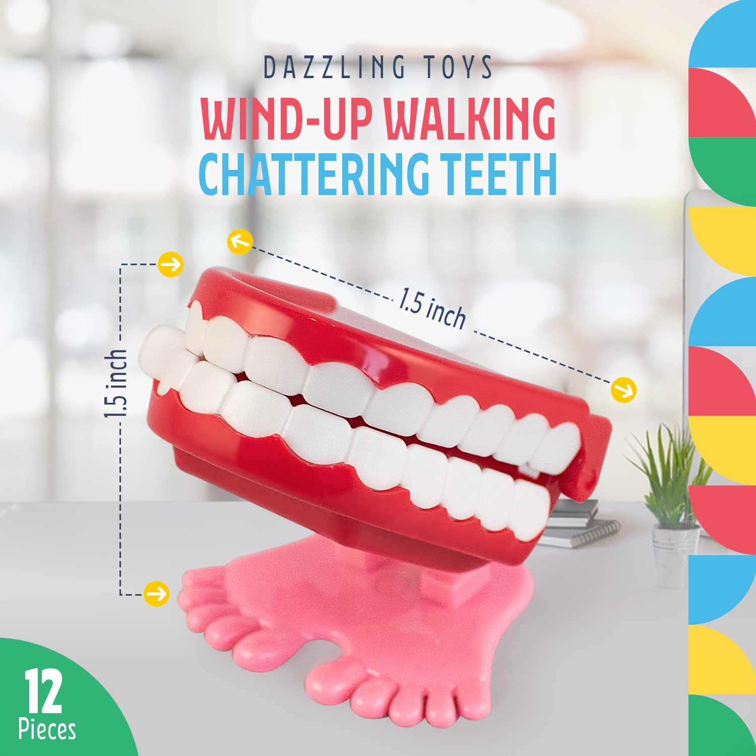 Dazzling Toys Plastic Fake Teeth - Pack of 12 Jumping Walking Chattering Wind Up Toys for Kids, Mini Amusement Toy for Gift, Goody Bag & Stocking Stuffer, Silly Prank Stuff, Halloween Party Favors