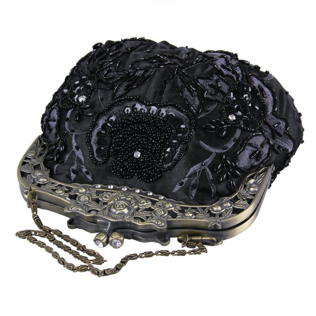 Belsen Women's Vintage Beaded Sequin Flower Evening Handbags (Black)