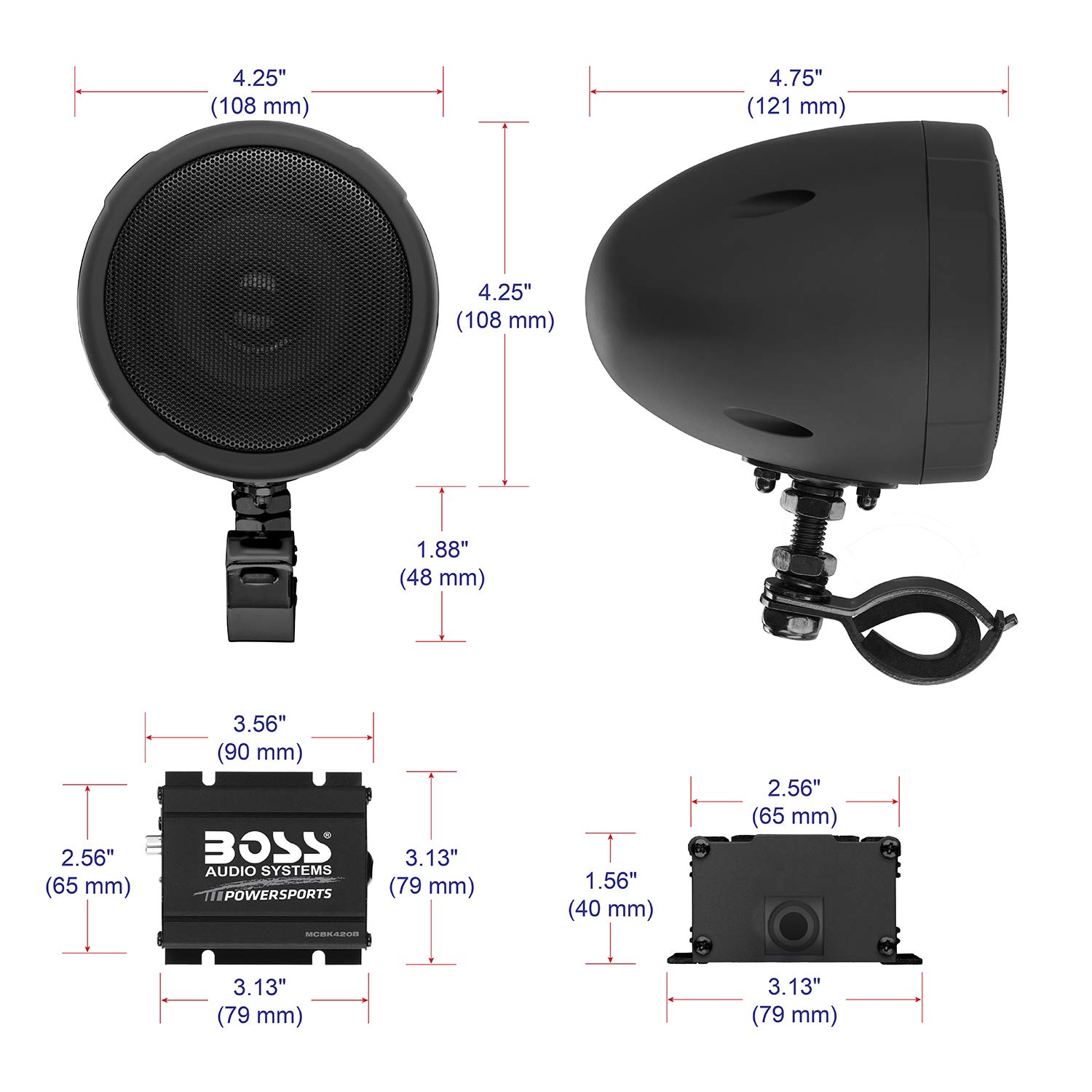 BOSS Audio Systems MCBK420B Bluetooth Speaker System - Class D Compact Amplifier, 3 Inch Weatherproof Speakers, Volume Control, Great for Use with ATVs/Motorcycles, 12 Volt Vehicles