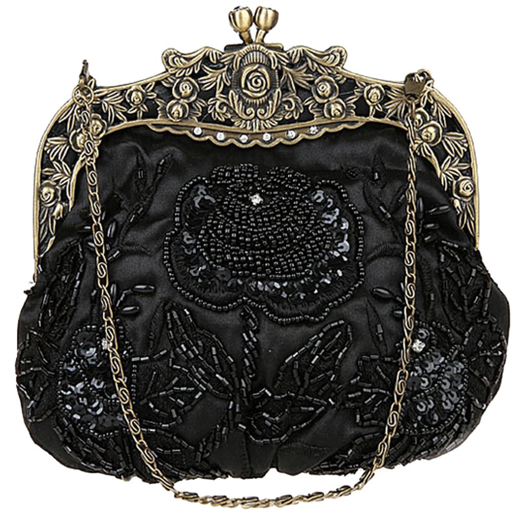 Belsen Women's Vintage Beaded Sequin Flower Evening Handbags (Black)