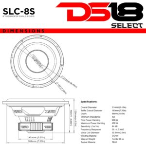 DS18 SLC-8S Subwoofer in Black - 8-Inch Speaker, 400W Max Power, 200W RMS Power, Aluminum 4 Layer Voice Coil, Black Steel Frame, SVC, 4 Ohm Impedance, Ferrite Magnet (1 Speaker) (SLC8S)