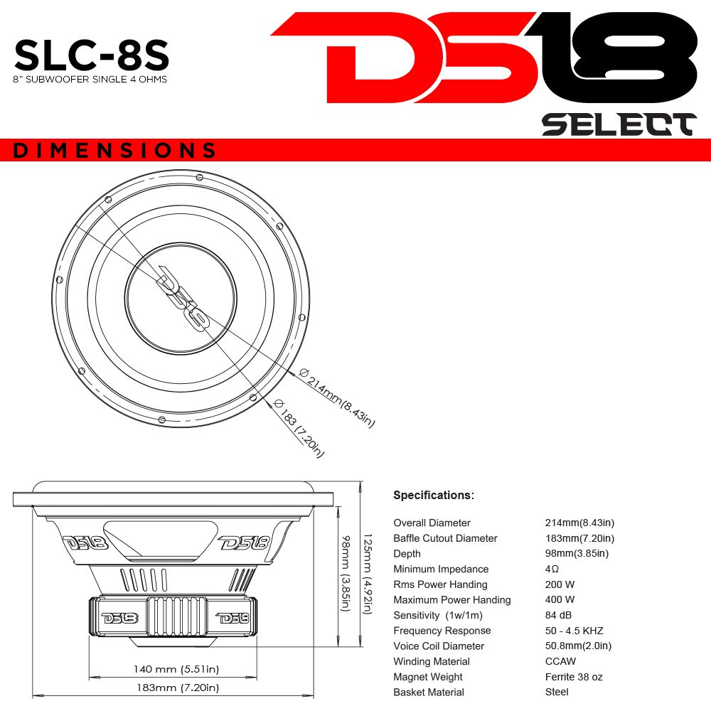 DS18 SLC-8S Subwoofer in Black - 8-Inch Speaker, 400W Max Power, 200W RMS Power, Aluminum 4 Layer Voice Coil, Black Steel Frame, SVC, 4 Ohm Impedance, Ferrite Magnet (1 Speaker) (SLC8S)