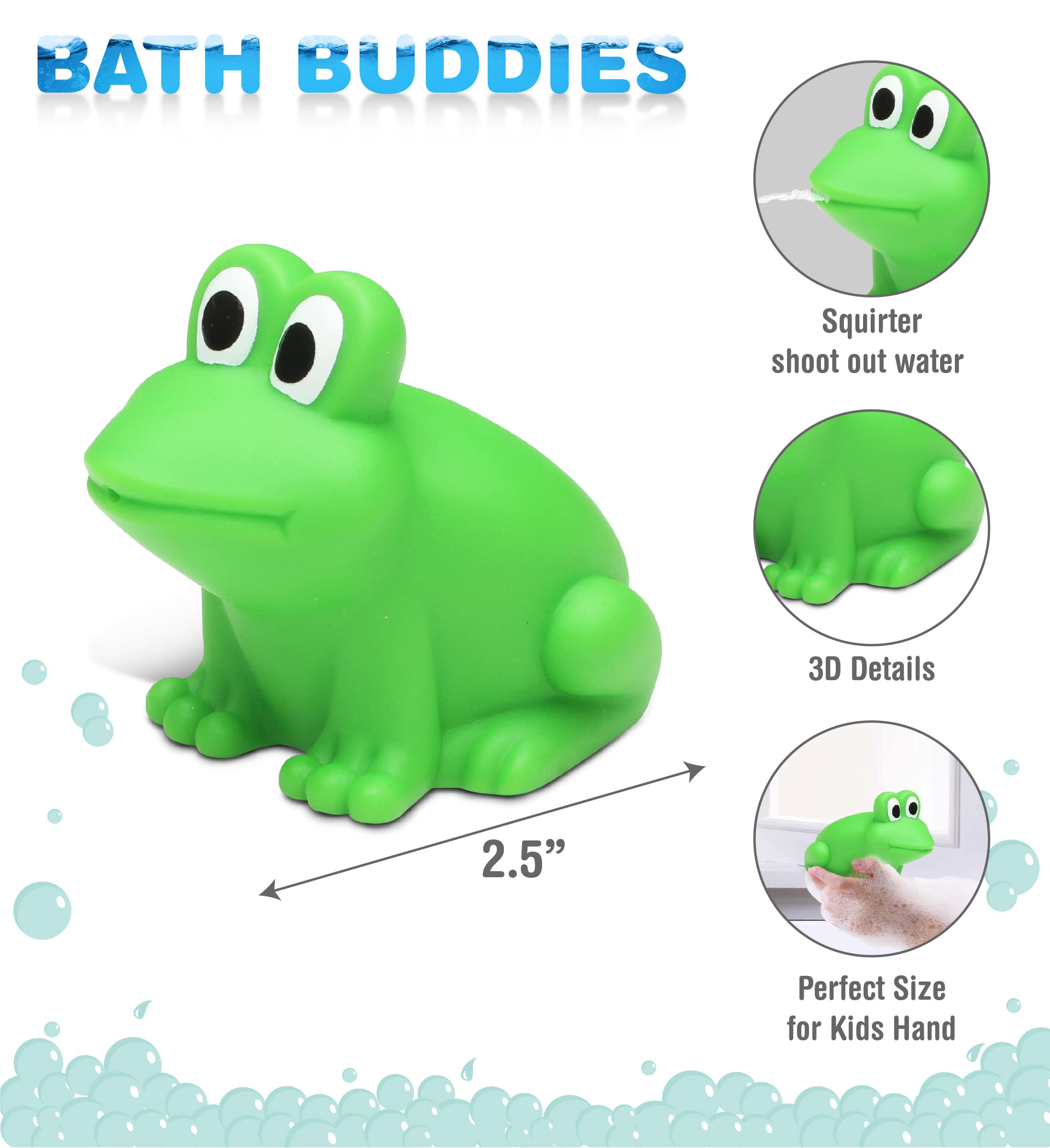 DolliBu Frog Bath Buddy Squirter - Floating Green Frog Rubber Bath Toy, Fun Water Squirting Bathtime Play for Toddlers, Cute & Soft Animal Toy for The Bathtub, Beach & Pool for Girls & Boys - 3 Inch