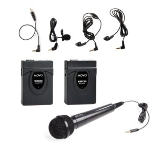 movo wireless lapel microphone system, 164-foot range, includes handheld mic, lav mic, 2 earphones, audio monitoring