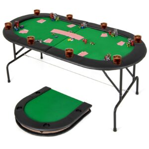 giantex 8 player poker table foldable, folding card board game table w/8 cup holders & comfy armrests, casino grade felt, portable oval texas holdem blackjack poker tables, no assemble required