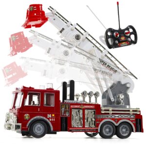 prextex 13'' remote controlled fire truck - lights, siren, and ladder | remote control (rc) toy trucks, firetruck toy | toddler/kids toy car, boy toys