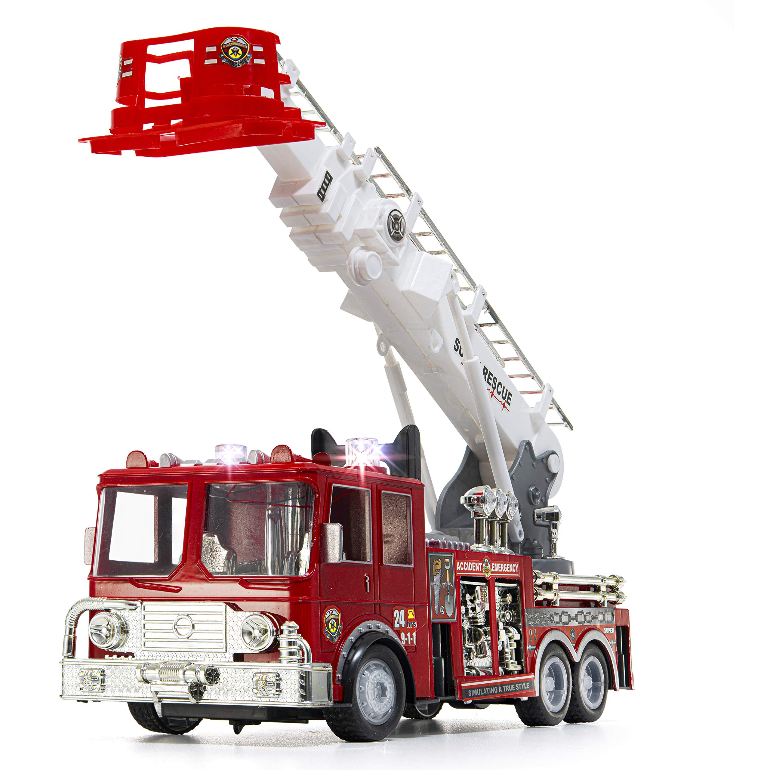 PREXTEX 13'' Remote Controlled Fire Truck - Lights, Siren, and Ladder | Remote Control (RC) Toy Trucks, Firetruck Toy | Toddler/Kids Toy Car, Boy Toys