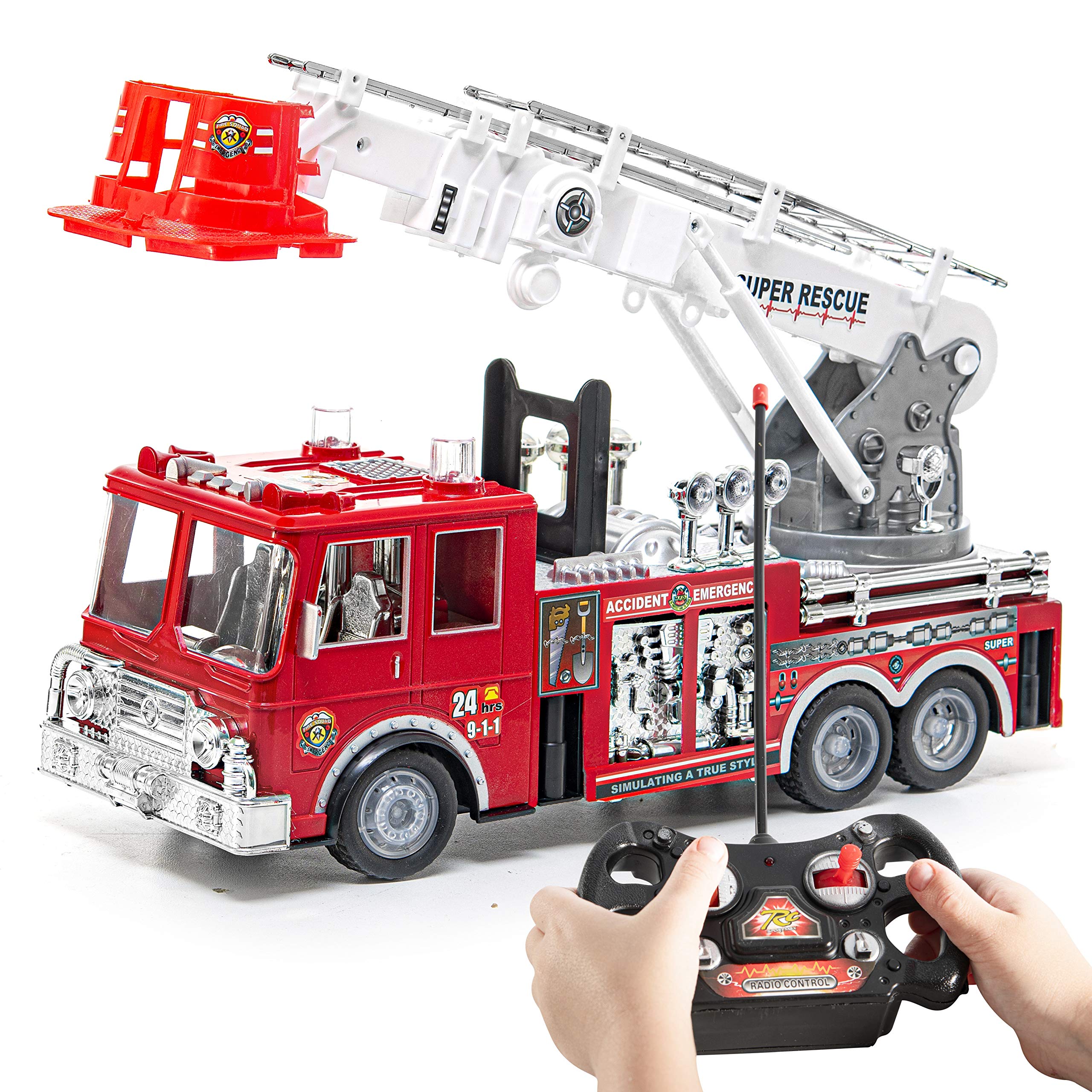 PREXTEX 13'' Remote Controlled Fire Truck - Lights, Siren, and Ladder | Remote Control (RC) Toy Trucks, Firetruck Toy | Toddler/Kids Toy Car, Boy Toys