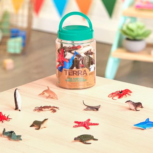 Terra by Battat - 60 Pcs Ocean Animal Figurines - Plastic Mini Sea Animal Toys - Sharks, Dolphins, Penguins, Turtles, Crabs, Starfish & More for Kids and Toddlers 3 Years +