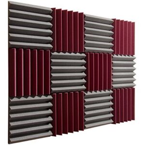 pro studio acoustics - burgundy/charcoal - 12"x12"x2" acoustic wedge foam absorption soundproofing tiles - 12 pack