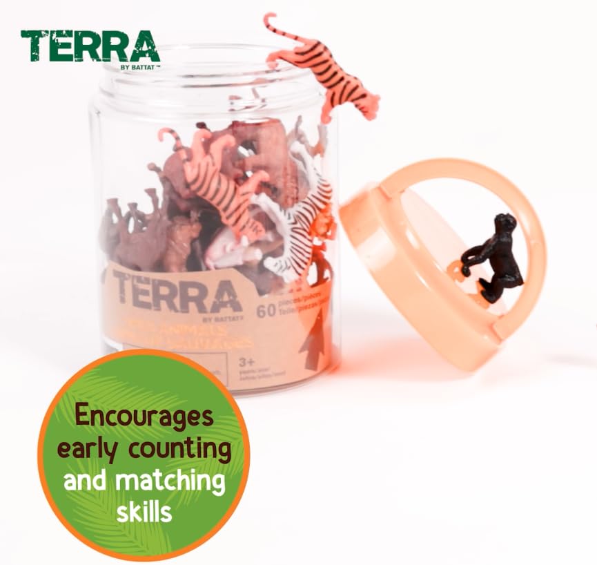 Terra by Battat – 60 Pcs Wild Creatures Tube – Realistic Mini Animal Figurines – Lion, Hippo, Tiger, Bear & More Safari Animals – Plastic Educational Toys for Kids and Toddlers 3 Years +