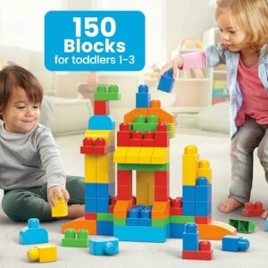 MEGA BLOKS First Builders Toddler Blocks Toys Set, Deluxe Building Bag with 150 Pieces and Storage, Blue, Ages 1+ Years