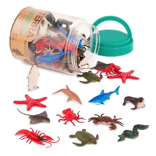 Terra by Battat - 60 Pcs Ocean Animal Figurines - Plastic Mini Sea Animal Toys - Sharks, Dolphins, Penguins, Turtles, Crabs, Starfish & More for Kids and Toddlers 3 Years +