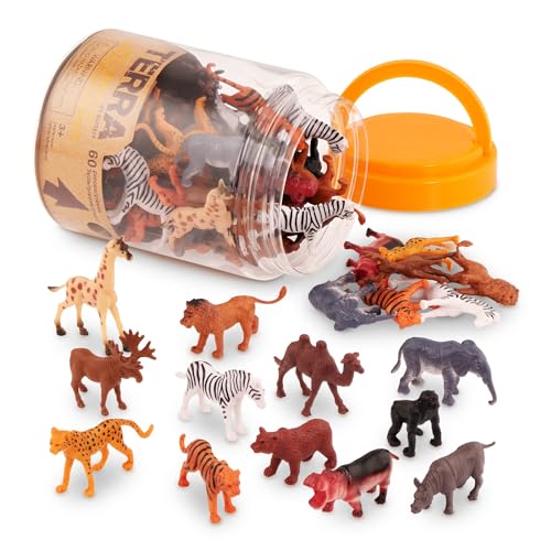 Terra by Battat – 60 Pcs Wild Creatures Tube – Realistic Mini Animal Figurines – Lion, Hippo, Tiger, Bear & More Safari Animals – Plastic Educational Toys for Kids and Toddlers 3 Years +