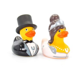 bride & groom rubber duck (mini) set bath toy by bud duck | elegant gift packaging i do! | child safe | collectable