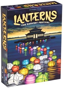 renegade game studios lanterns: the harvest festival, fast paced card game set, 2-4 players, 30 min playing time, place tiles to adorn the palace lake with floating lanterns, earn the most honor before the festival begins