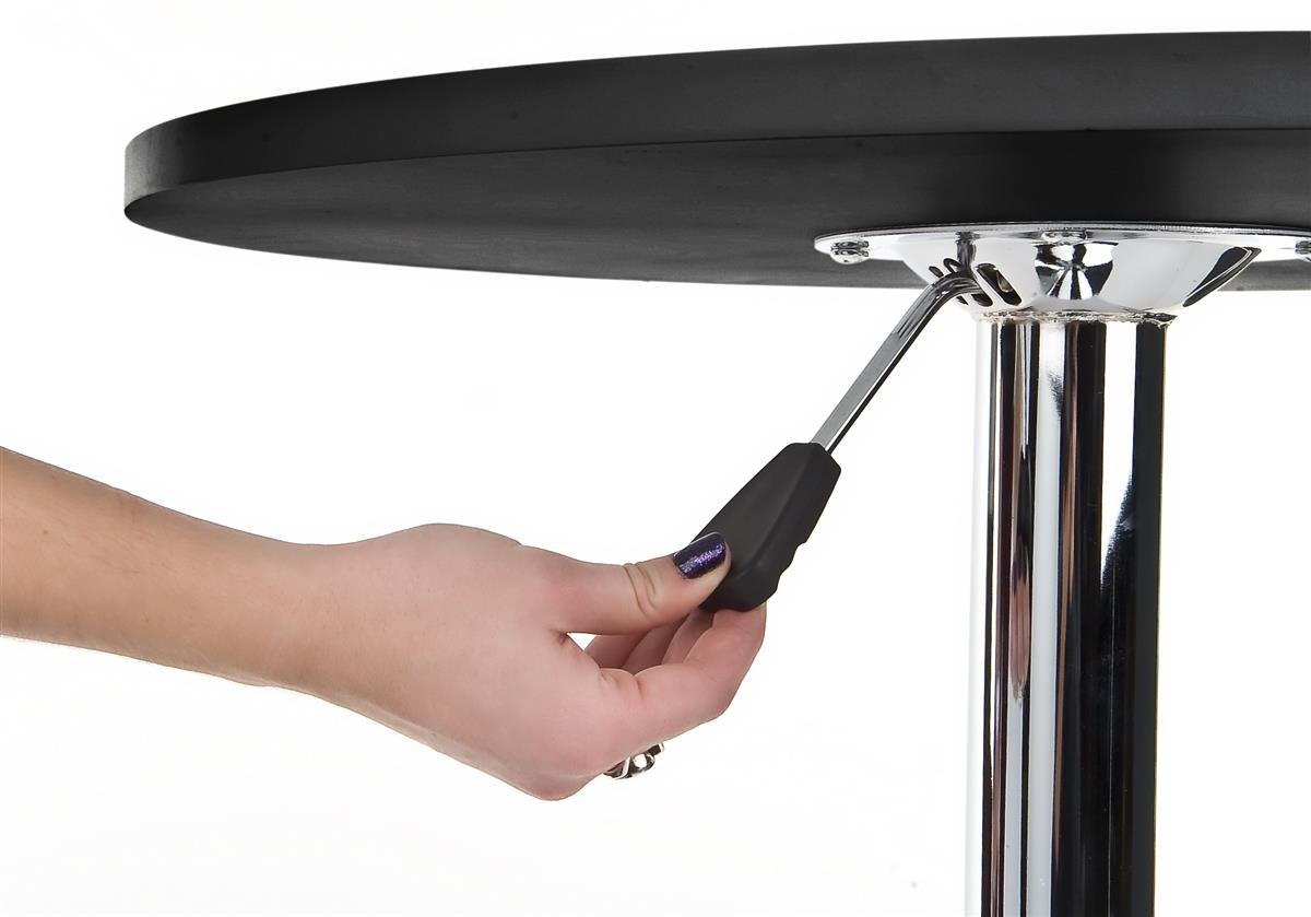 Displays2go Modern Hydraulic Bar Table, 23.5 Inch Round, Aluminum/Wood, Adjustable Height – Black (BRTBLA1B)