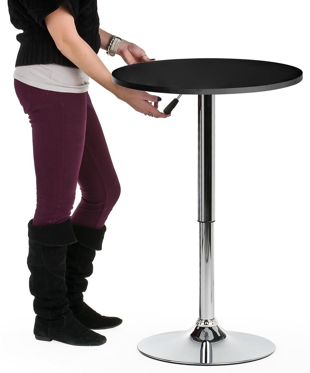 Displays2go Modern Hydraulic Bar Table, 23.5 Inch Round, Aluminum/Wood, Adjustable Height – Black (BRTBLA1B)