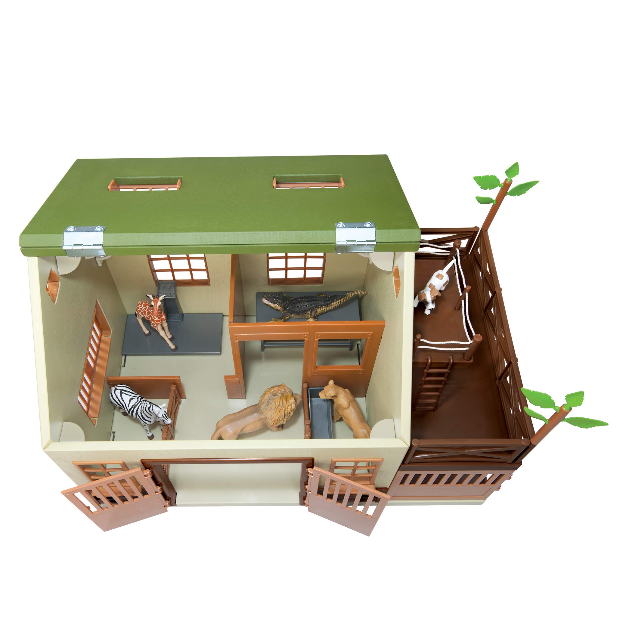 Terra by Battat – 15 Pcs Animal Hospital Pretend & Play Set - Openable Rooftop for Farm or Safari Animal Figurines - Wooden Vet Clinic Toy for Kids and Toddler Ages 3+