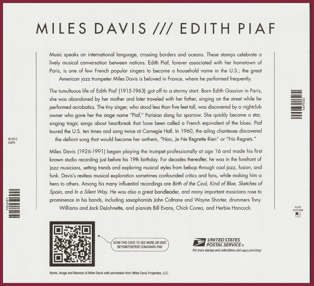 Miles Davis/edith Piaf Forever Self-adhesive Stamp Sheet of 20 Scott 692-4693