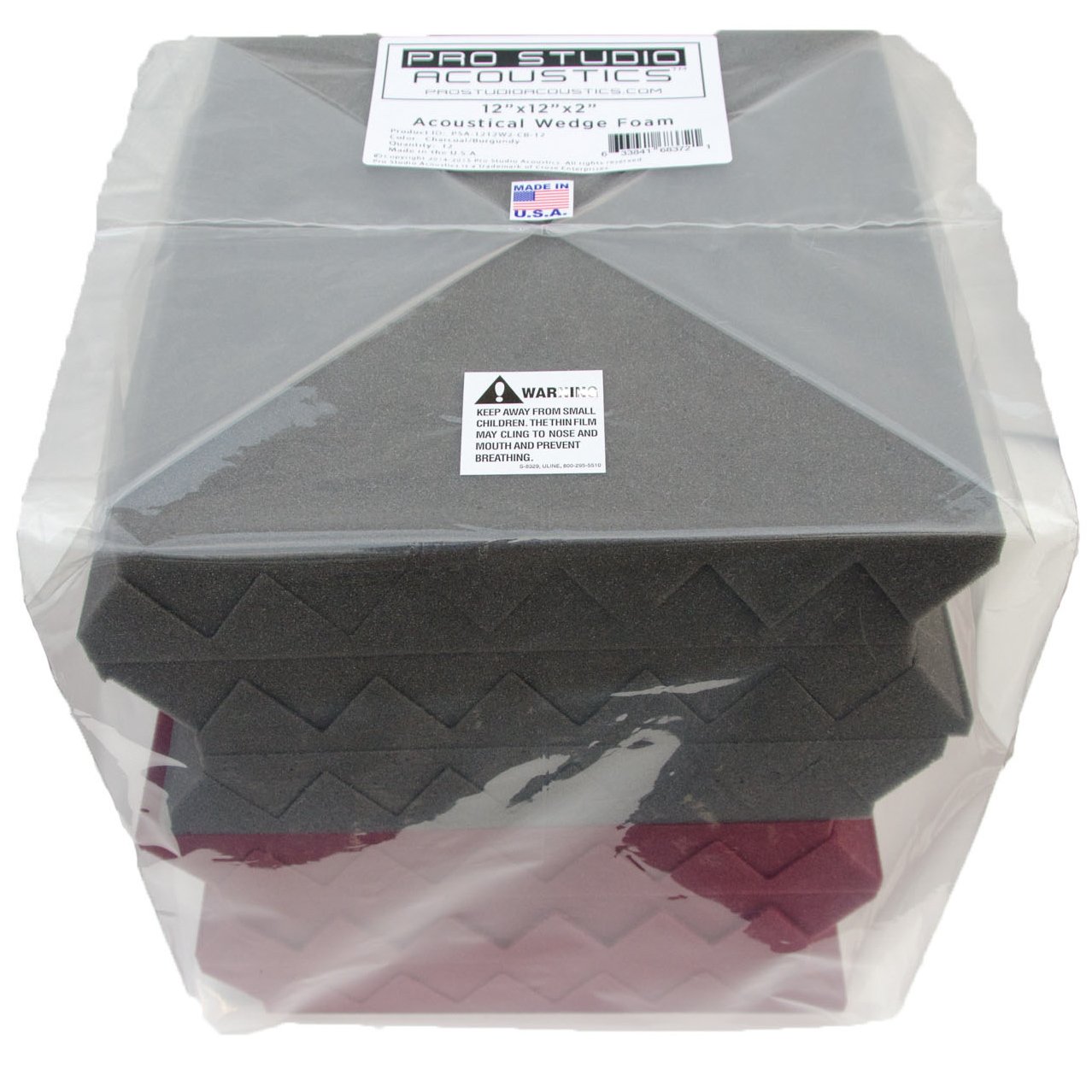 Pro Studio Acoustics - Burgundy/Charcoal - 12"x12"x2" Acoustic Wedge Foam Absorption Soundproofing Tiles - 12 Pack