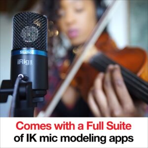 IK Multimedia iRig Mic Studio Compact Digital Recording 1" Capsule Condenser Microphone, 24-bit 48Khz converters, Headphone Output and Tabletop Stand for iPhone, iPad, Android, Mac PC