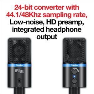 IK Multimedia iRig Mic Studio Compact Digital Recording 1" Capsule Condenser Microphone, 24-bit 48Khz converters, Headphone Output and Tabletop Stand for iPhone, iPad, Android, Mac PC