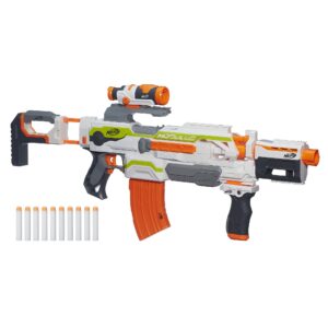 nerf modulus ecs motorized blaster, removable scope, drop grip, barrel, stock, 10-dart clip (amazon exclusive)