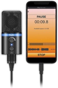 ik multimedia irig mic studio compact digital recording 1" capsule condenser microphone, 24-bit 48khz converters, headphone output and tabletop stand for iphone, ipad, android, mac pc