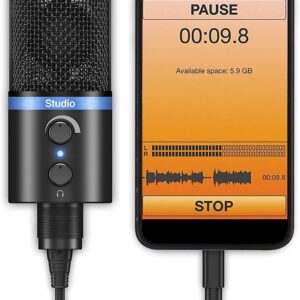 IK Multimedia iRig Mic Studio Compact Digital Recording 1" Capsule Condenser Microphone, 24-bit 48Khz converters, Headphone Output and Tabletop Stand for iPhone, iPad, Android, Mac PC