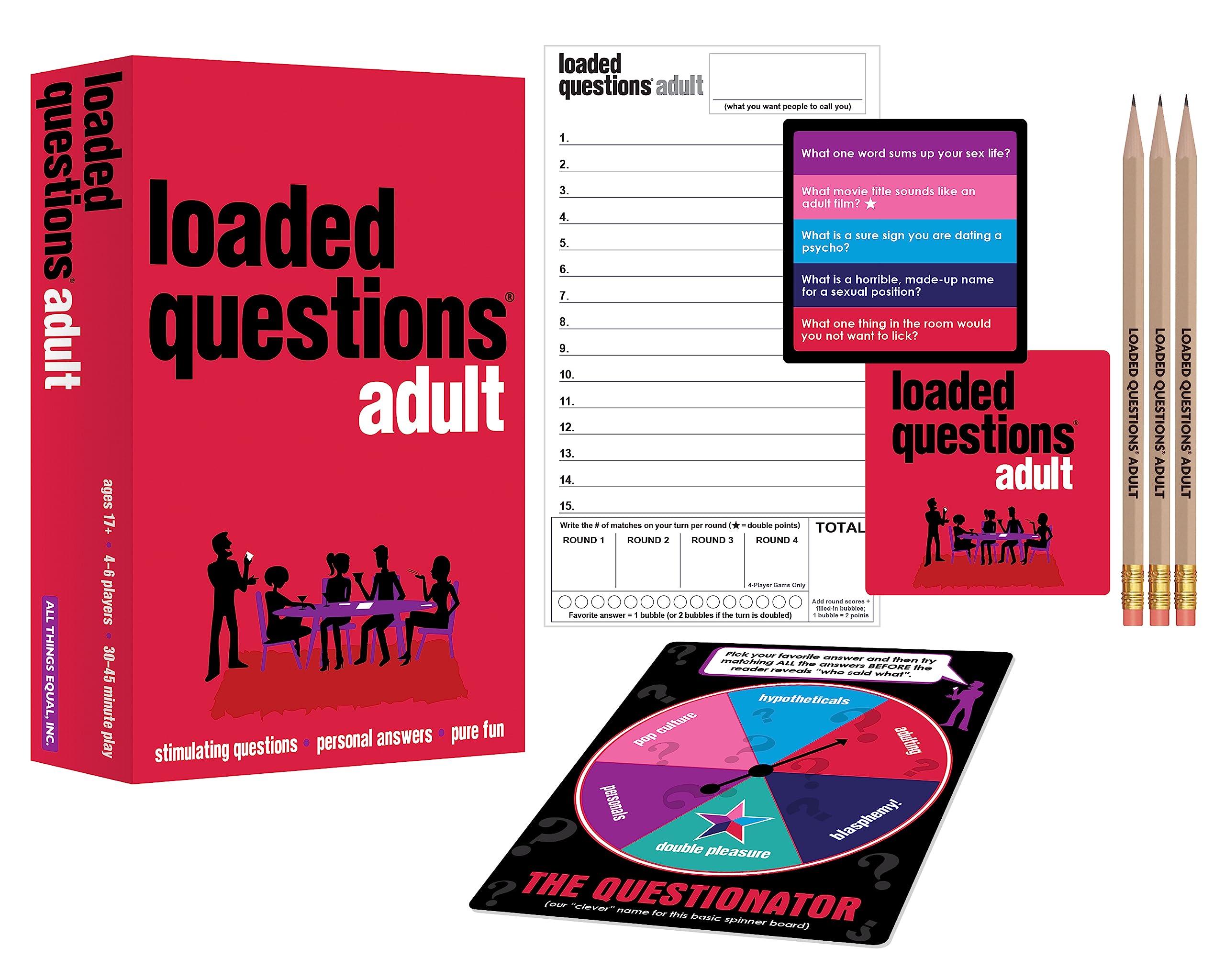 All Things Equal, Inc. ADULT LOADED QUESTIONS, a Rousing Adult Party Game, Over 300 Suggestive, Silly, Stimulating Questions, 4 to 6 Players, for Ages 17 and up