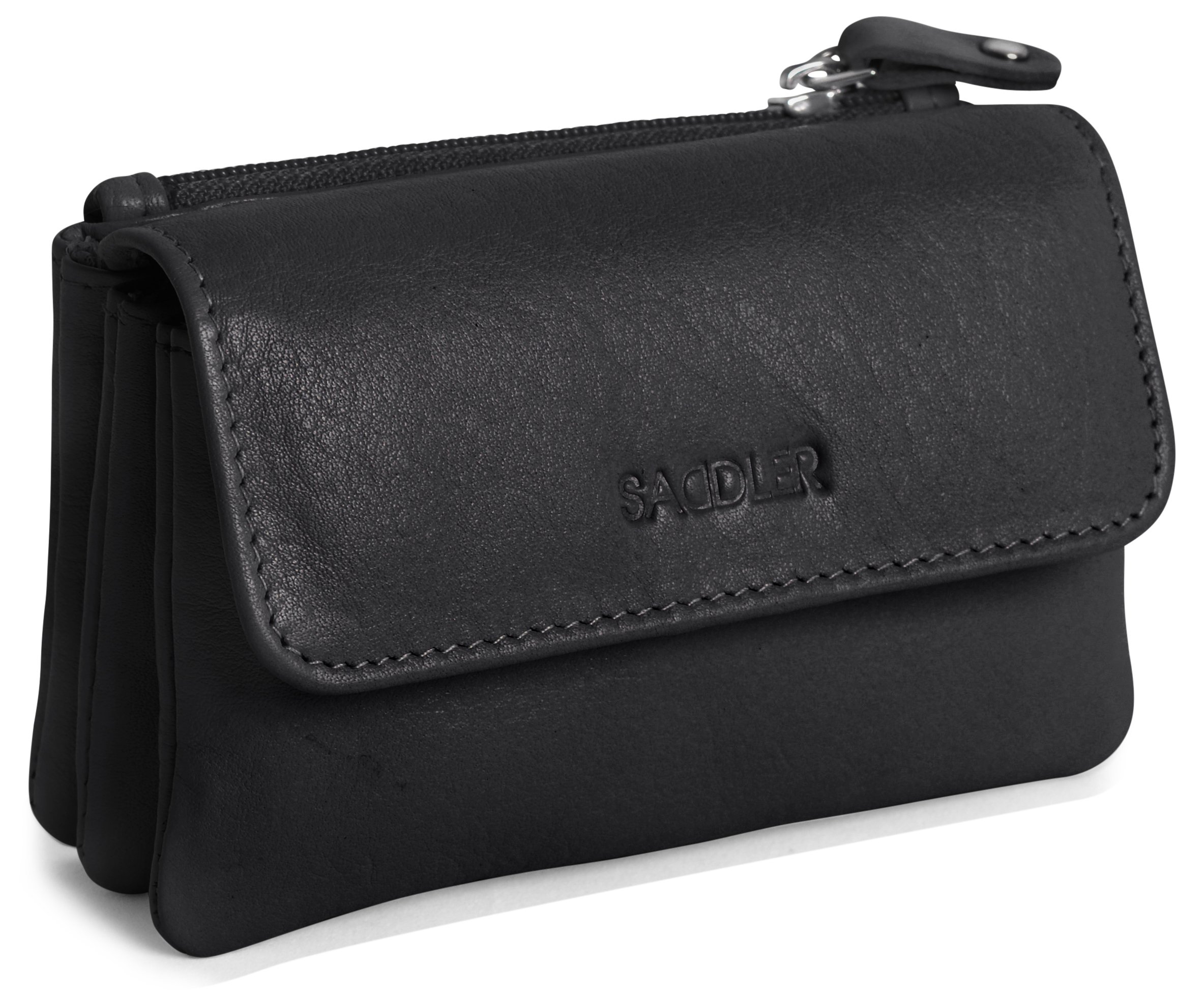 SADDLER Womens Luxurious Leather Flapover Coin Purse | Designer Ladies Triple Gusset Change Pouch with Zip |Gift Boxed - Black