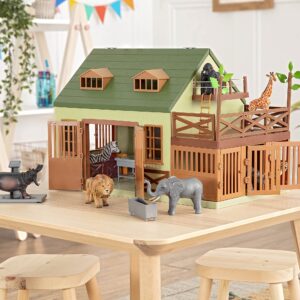 Terra by Battat – 15 Pcs Animal Hospital Pretend & Play Set - Openable Rooftop for Farm or Safari Animal Figurines - Wooden Vet Clinic Toy for Kids and Toddler Ages 3+