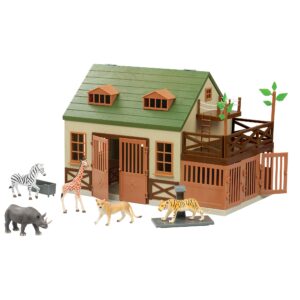 Terra by Battat – 15 Pcs Animal Hospital Pretend & Play Set - Openable Rooftop for Farm or Safari Animal Figurines - Wooden Vet Clinic Toy for Kids and Toddler Ages 3+