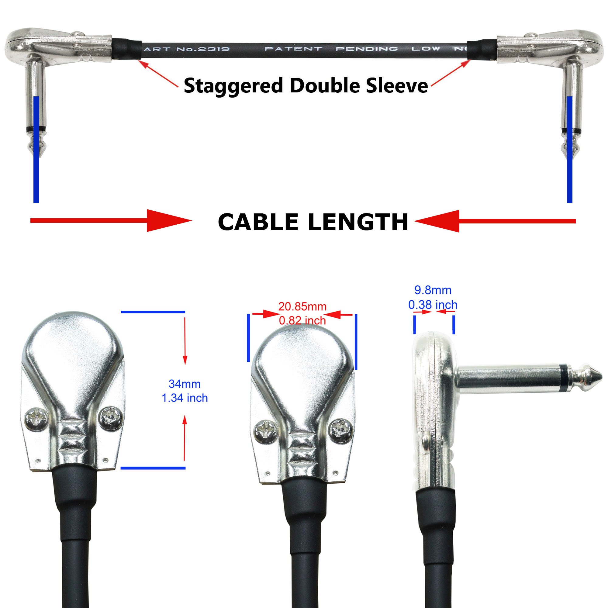 WORLDS BEST CABLES 30 Inch - Pedal, Effects, Patch, Instrument Cable Custom Made Made Using Mogami 2319 Wire and Eminence Nickel Plated ¼ inch (6.35mm) R/A Pancake Type Connectors