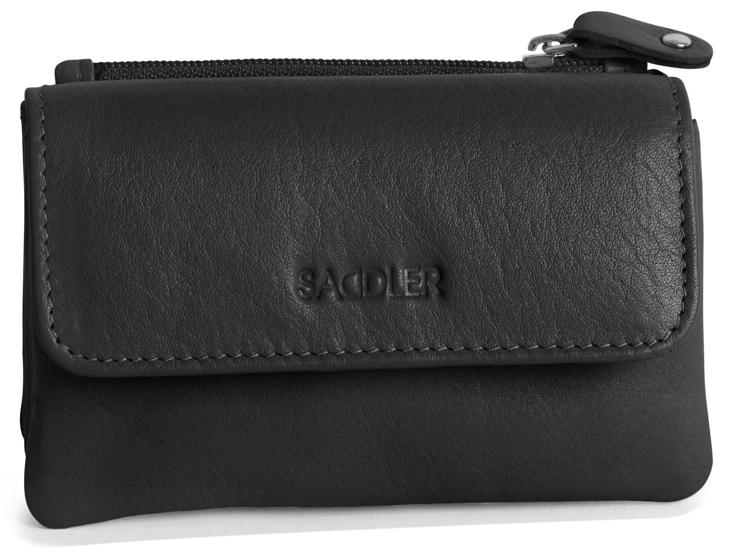 SADDLER Womens Luxurious Leather Flapover Coin Purse | Designer Ladies Triple Gusset Change Pouch with Zip |Gift Boxed - Black