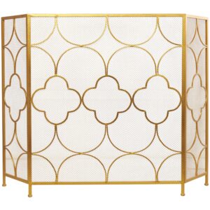 deco 79 contemporary geometric designed metal fireplace screen, 50"l x 35"h, gold