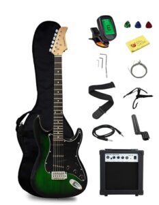 stedman pro eg39-tgrb-10w beginner series electric guitar with case, strap, cable, capo, picks, electronic tuner, string winder and polish cloth, 10w amp, transparent green/black picguard